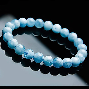 Muko Gemstone Genuine Natural Blue Aquamarine Clear Crystal Stretch Round Bead Bracelet 8mm for Women Men AAAA