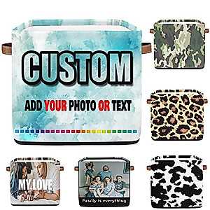 Personalized Storage Baskets Cubes With Photo or Text Custom Storage Bins 13 x 13 x 13 inch Bins Basket Boxes with PU Leather Handles Foldable Storage Cube for Clothes Bedroom Closet Shelves