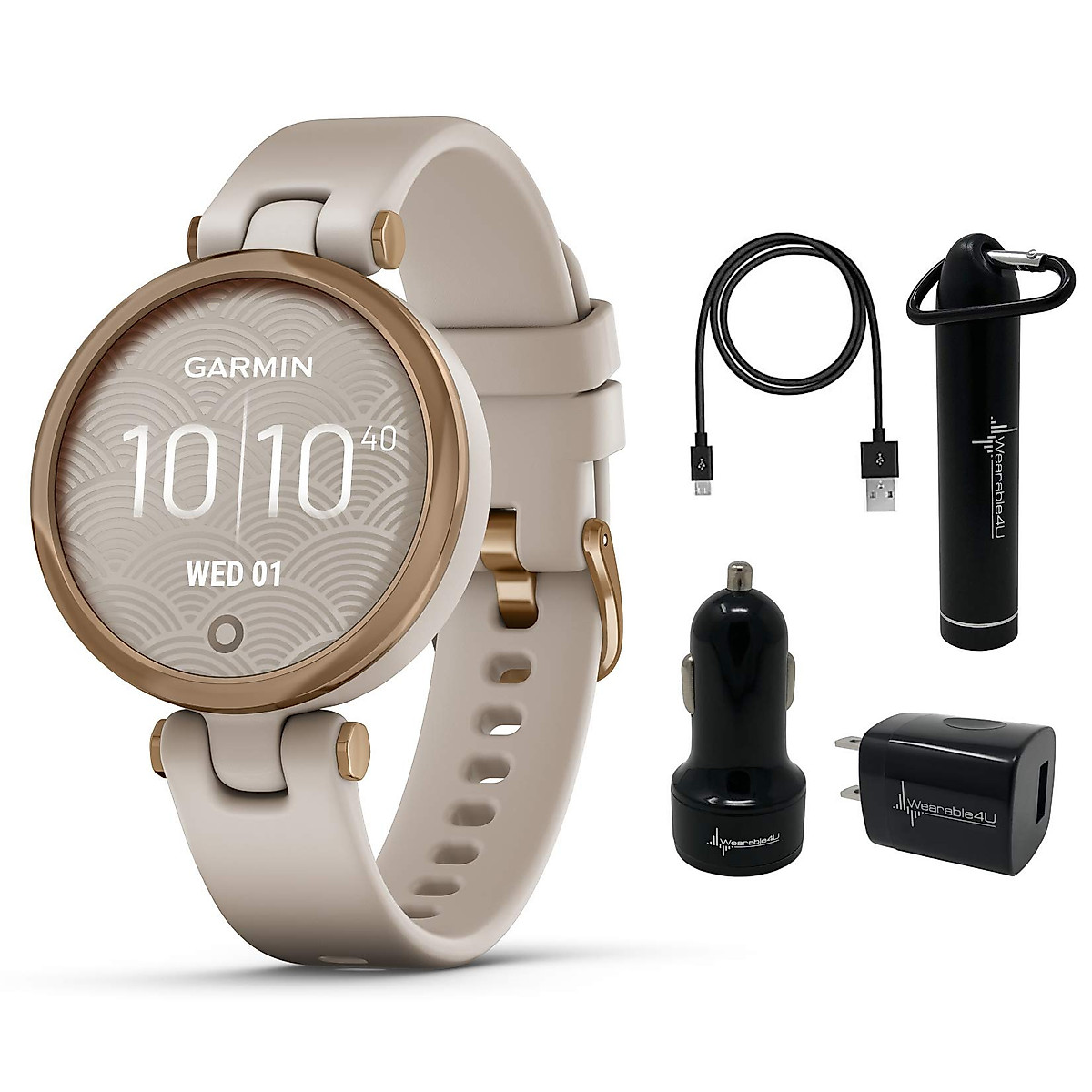 Wearable4U Garmin Lily Women’s Fitness Sport Smartwatch Power Pack Bundle (Rose Gold Bezel with Light Sand Silicone Band), Gift for Mom