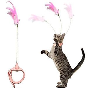 NELJIBEHU Cat Collar Funny Cat Stick,Interactive Cat Feather Toys with Bell,Pink Spring Cat Teaser Stick Toy , Used for Cat Indoor Play, Suitable for Old Kittens and Kittens to Exercise