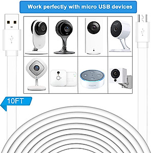 SIOCEN 3PCS 10FT Flat Micro USB Cable Power Extension Cord for Wyze Cam, WyzeCam Pan,Yi Cam,YI Dome Home Camera,Oculus Go,Kasa,Nest Cam,Netvue,Blink,Indoor Security Surveillance Camera Charging Cable