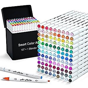 108 Pack Art Markers, 107 Coloring Markers and 1 Blender, Alcohol Based Dual Tip Permanent Markers Highlighters with Case, Excellent for Adults Kids Marking Drawing Sketching by Smart Color Art