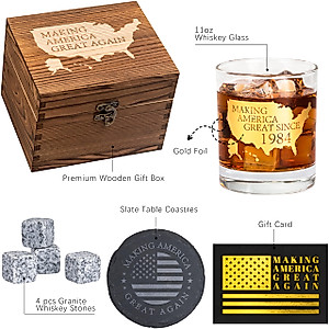 Crisky 40th Birthday Bourbon Whiskey Glass & Stones 40th Birthday Gift for Men Making XX Great Since 1984 Includes One Crystal Whisky Glass, 4 Chilling Stones, 1 Slate Coaster in Luxury Wooden Box
