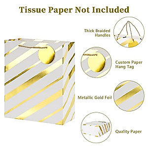 Swedin 12 Pcs Gold Gift Bags Bulk, Medium Size Gift Bags with Handles, Trendy Gift Wrap Totes with Chevron, Stripe Pattern for Birthdays, Party Favors, Holidays, Christmas-10" x 8.3" x 4"