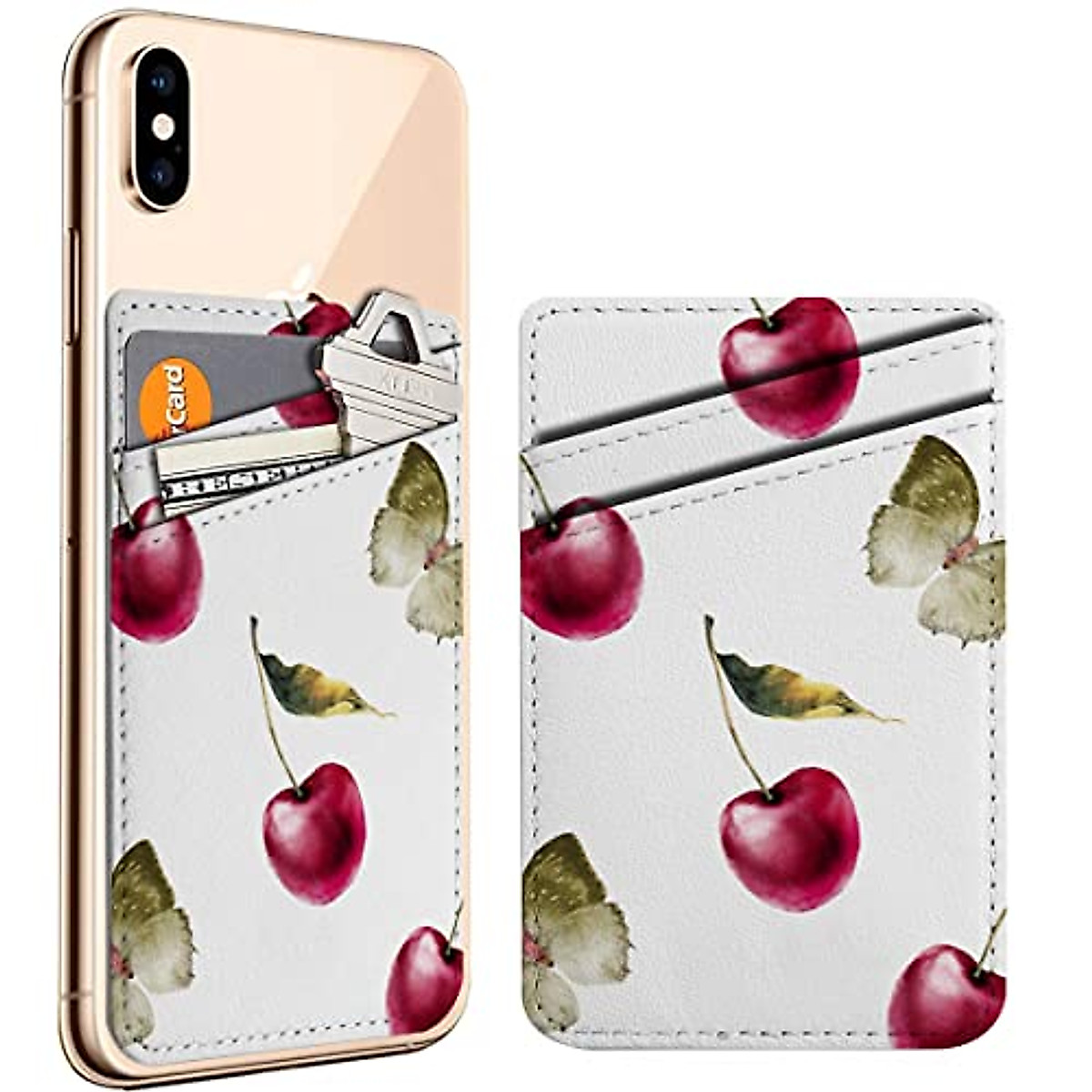 Diascia Pack of 2 - Cellphone Stick on Leather Cardholder ( Natural Watercolor Cherry Butterfly Pattern Pattern ) ID Credit Card Pouch Wallet Pocket Sleeve