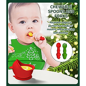 Silicone Baby Feeding Set for Christmas,Toddler Plates and Bowls Set with Suction, Baby-Led Weaning Supplies with Adjustable Bib, Sippy Cup,Chewable Spoons & Forks, Baby Utensils 6+Months