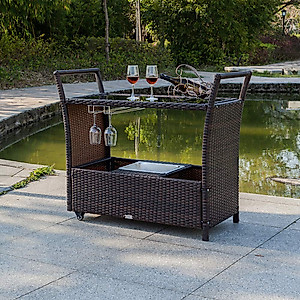 Bonnlo Wicker Outdoor Bar Cart with Wheels and Ice Bucket, Outdoor Bar Table Serving Cart Rattan Bar Cart with Glass Top and Wine Glass Holder for Pool, Party, Backyard, Porch