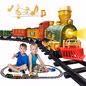 Train Set - Christmas Train Toys, Battery-Powered Locomotive Engine with Sound and Lights, Cargo Cars & 10 Tracks, Toy Train Sets for Boys Age 3 4 5 6