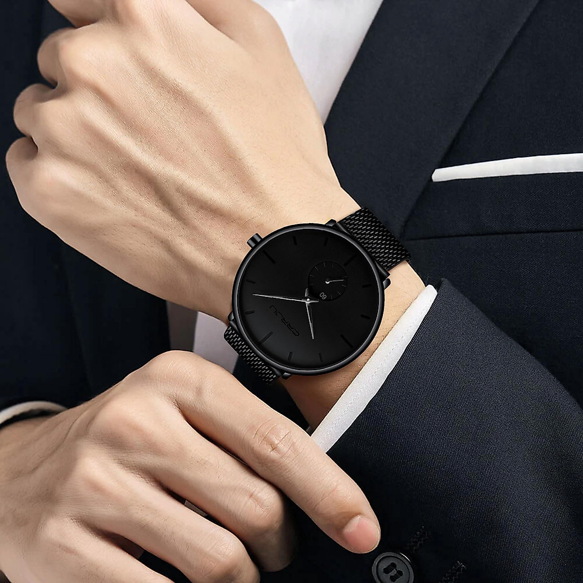Mens Watches Ultra-thin Minimalist Waterproof-Fashion Wrist Watch for Men Unisex Dress with Stainless Steel Mesh Band-Black Hands