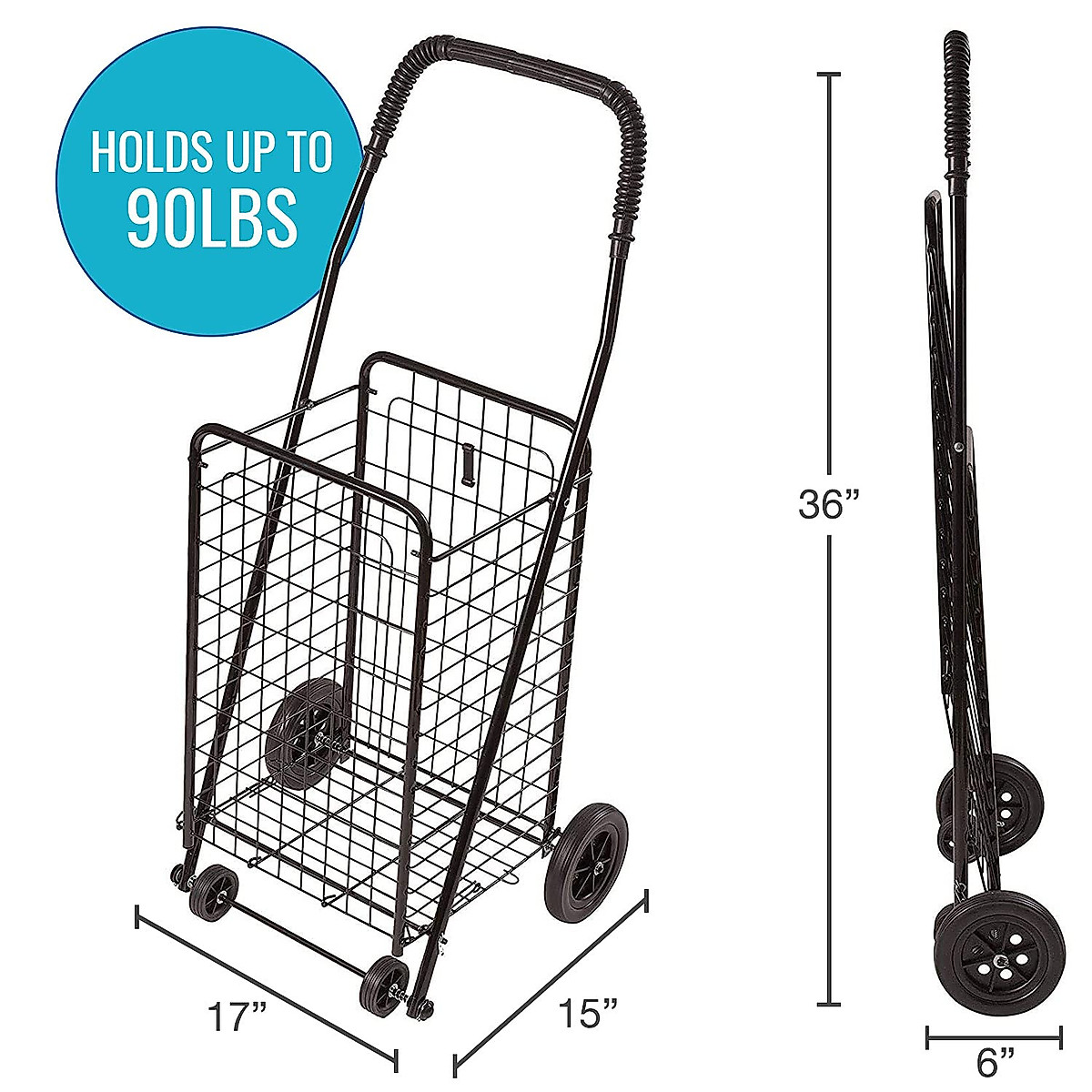 DMI Utility Cart with Wheels to be used as a Shopping Cart, Grocery Cart, Laundry Cart and Stair Climber Cart, Weighs 7.5 Pounds but holds up to 90 Pounds, Compact and Foldable, Black