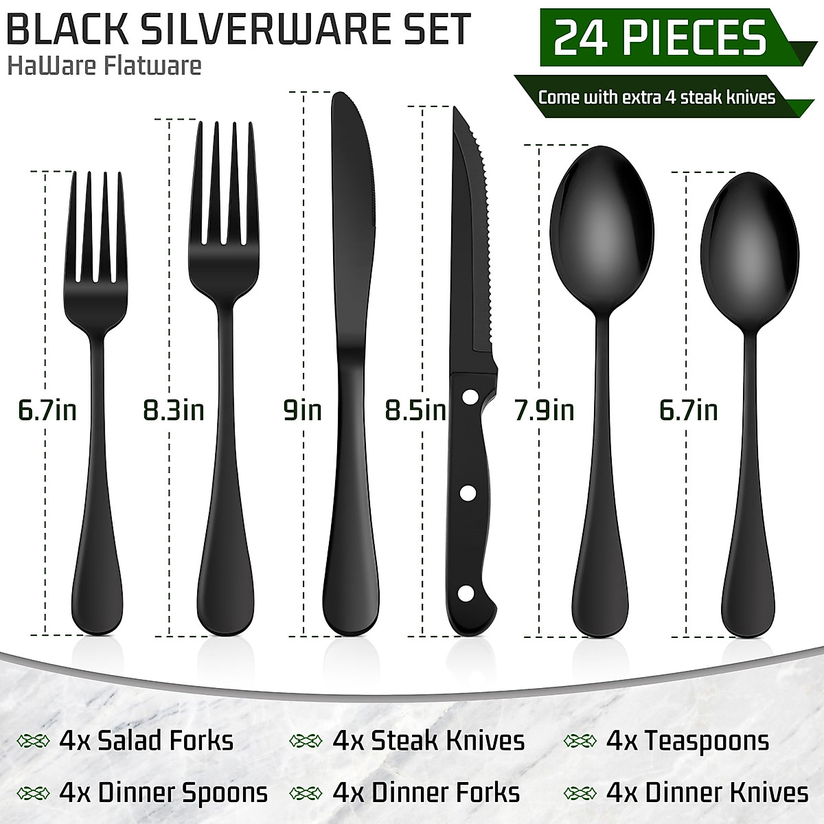 HaWare 24-Piece Black Silverware Set with Steak Knives, Stainless Steel Cutlery Set, Food Grade Flatware Set Service for 4, Mirror Finished Tableware for Home Restaurant, Include Knives, Forks, Spoons