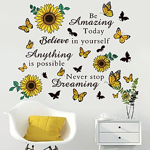 Inspirational Quote Wall Decals Sunflower Wall Stickers Removable Positive Saying Wall Lettering Stickers Peel and Stick for Classroom Home Bedroom Family Office Wall Art Decor