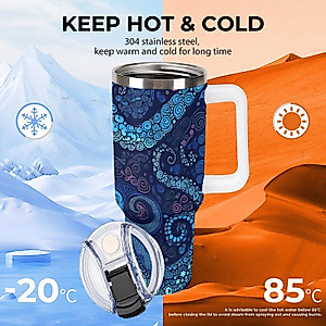 LLUTSNTH 40 Oz Vacuum Tumbler with White Handle Leakproof Insulated Tumbler Blue Octopus Stainless Steel Travel Mug with Lid And Straw Coffee Cup Cute Water Bottles Cup Holder Friendly