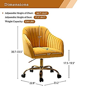HULALA HOME Velvet Home Office Desk Chair, Modern Cute Computer Task Chair, Wheels Swivel Height Adjustable Upholstered Vanity Chair for Women, Girls (Gold Base, Mustard)