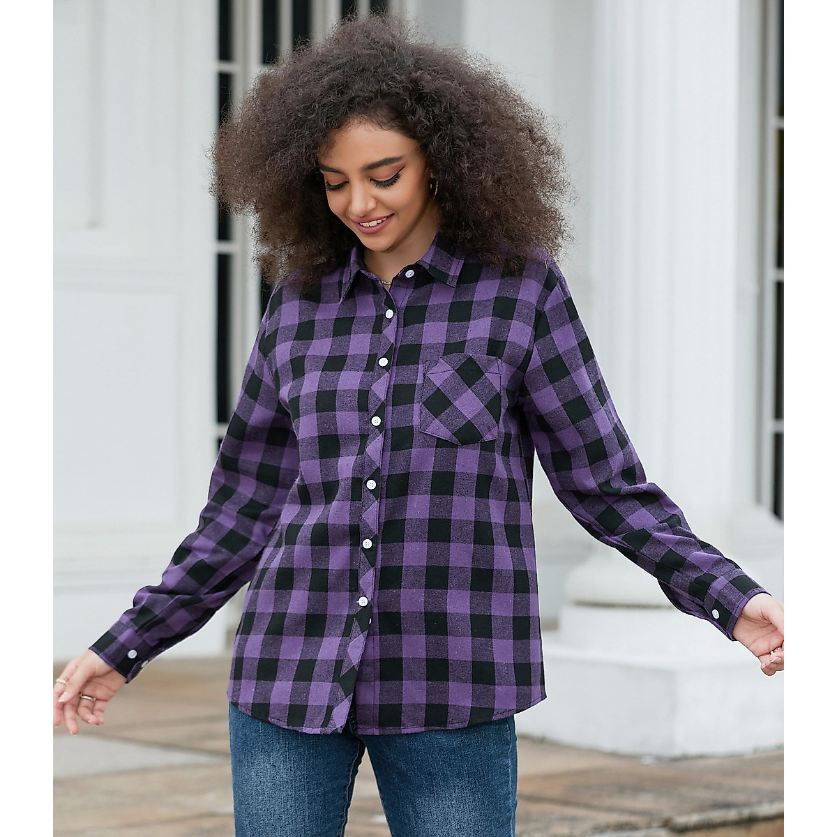 SANGTREE Womens Flannel Shirt, Casual Plaid Tops Long Sleeve Button Down Shirt for Women Buffalo Purple, Medium