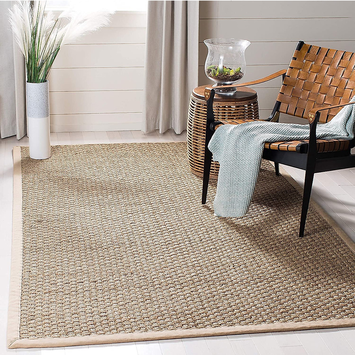 SAFAVIEH Natural Fiber Collection Area Rug - 9' x 12', Natural & Beige, Border Basketweave Seagrass Design, Easy Care, Ideal for High Traffic Areas in Living Room, Bedroom (NF114A)