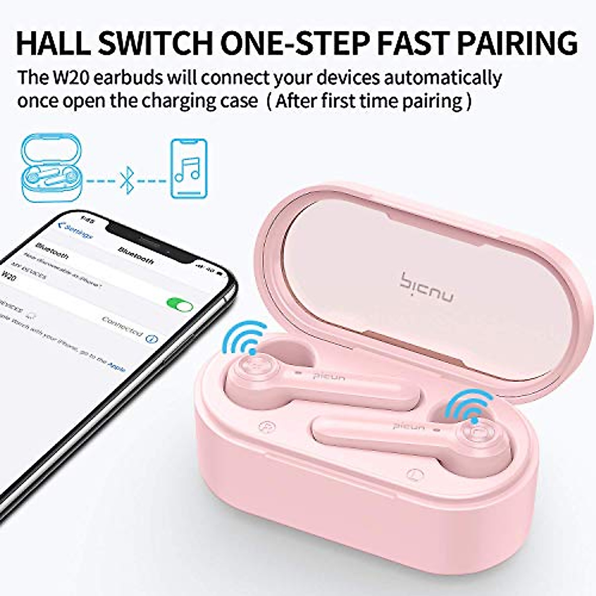 Picun True Wireless Earbuds 36 Hours Playtime, Bluetooth V5.0 Headphones, HiFi Immersive Bass in-Ear Headsets IPX8 Waterproof Sports Earphones w/HD Mic, Touch Control, USB-C, Fit for Women Girl Pink