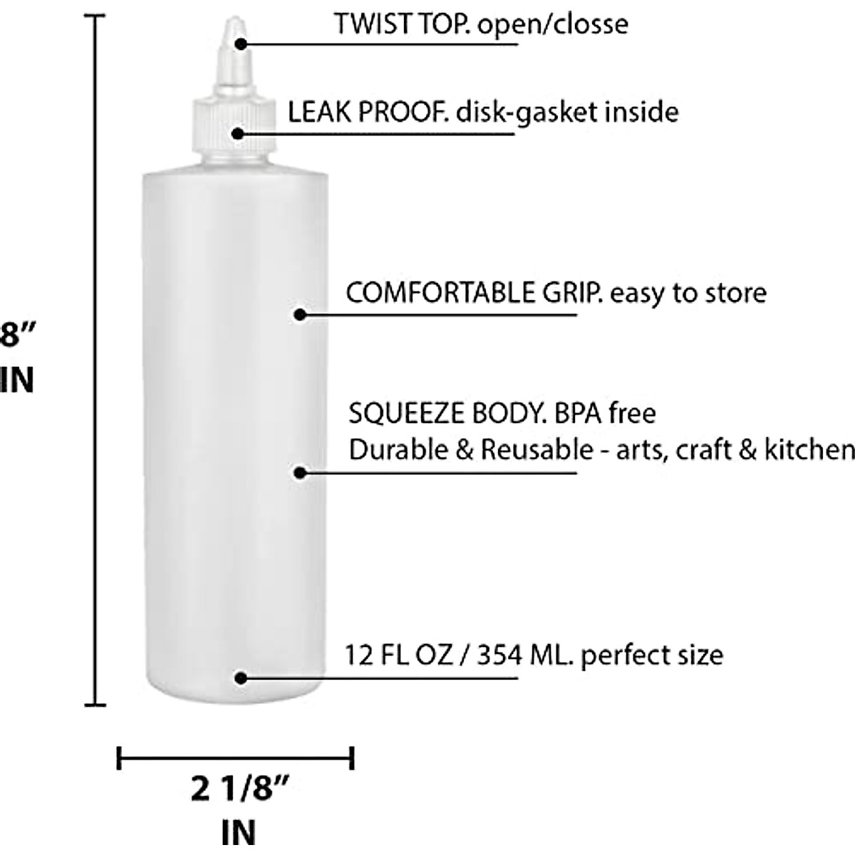 BRIGHTFROM Condiment Squeeze Bottles, 12 OZ Empty Squirt Bottle with Twist Top Cap, Leak Proof - Great for Ketchup, Mustard, Syrup, Sauces, Dressing, Oil, Arts and Crafts, BPA FREE Plastic - 4 PACK