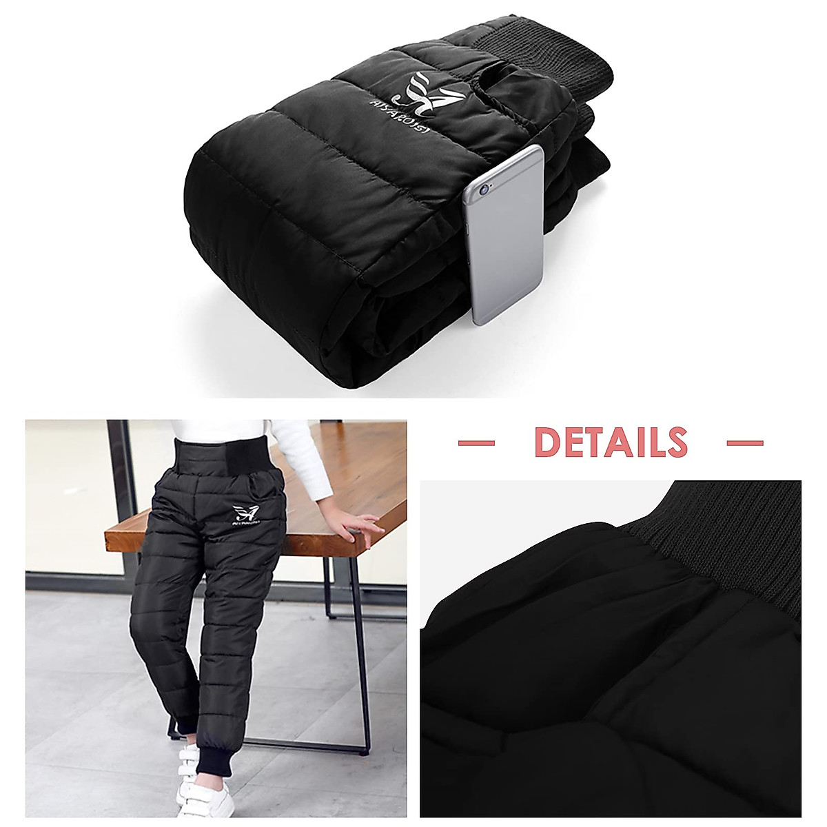 Infant Toddler Windproof Pants Winter Snow Trousers Lightweight Down School Bottoms Elastic Warm Puffer Activewear Thick Cotton Winter Clothes Fleece Lined Pockets Sweatpants for Baby Kids 2-3 Years