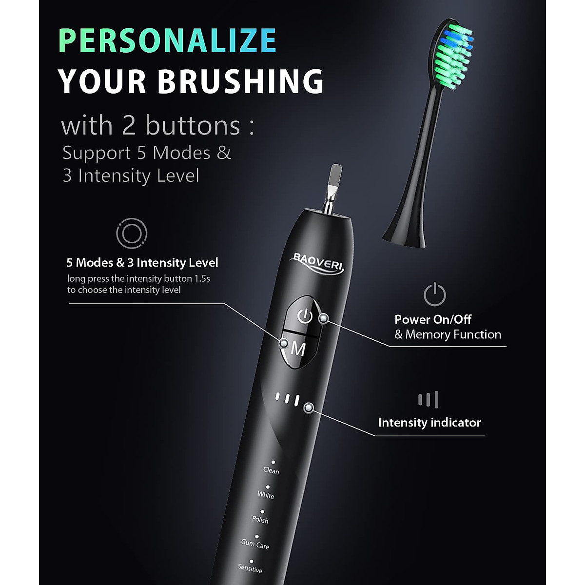 BAOVERI Electric Toothbrush with 8 Brush Heads for Adults&Kids, Ultrasonic Electric Toothbrushes, 5 Modes & 3 Intensity Levels, 2 Minutes Smart Timer, 4 Hours Fast Charge for 60 Days