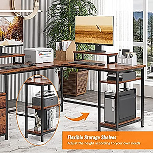 Furologee 66" L Shaped Computer Desk with Shelves, Corner Gaming Desk with File Drawer and Dual Monitor Stand, Large Home Office Desk Writing Study Table Workstation, Rustic Brown