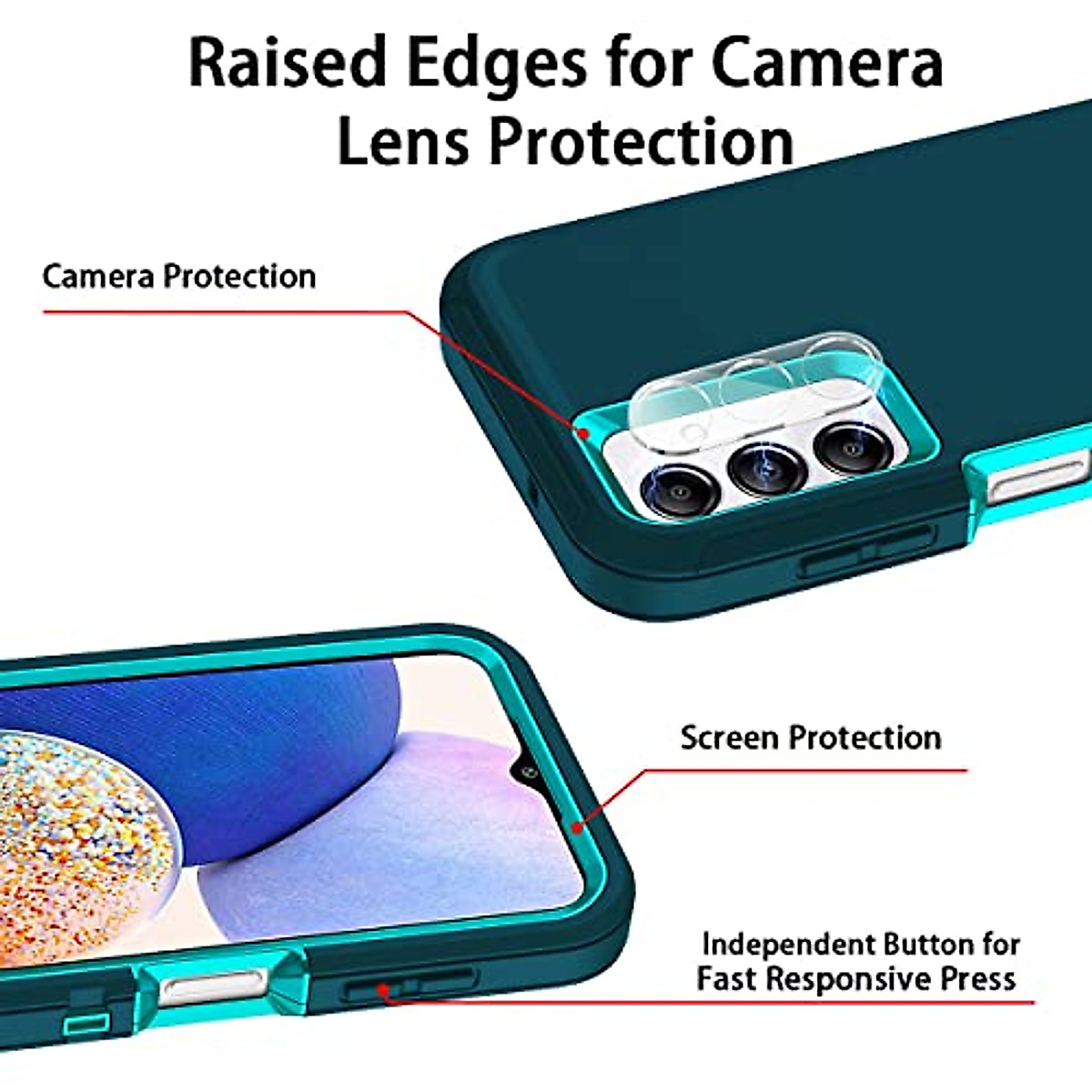 Hucasok for Galaxy A14 5G Case,Samsung Galaxy A14 5G Case with 2 Pack Screen Protector+2 Pack Camera Lens Protector Shockproof Rugged Full Body Protection Heavy Duty 3-Layer Durable Cover,Turquoise