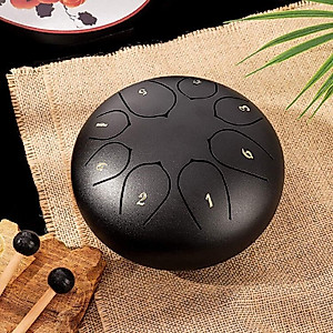 HZTZDMHH Steel Tongue Drum 8 Notes 6 inch Lotus Handpan Drums Kit Hue Percussion Instrument with Padded Travel Bag, Mallets, Note Stickers for Beginner Adult Kids (Black)