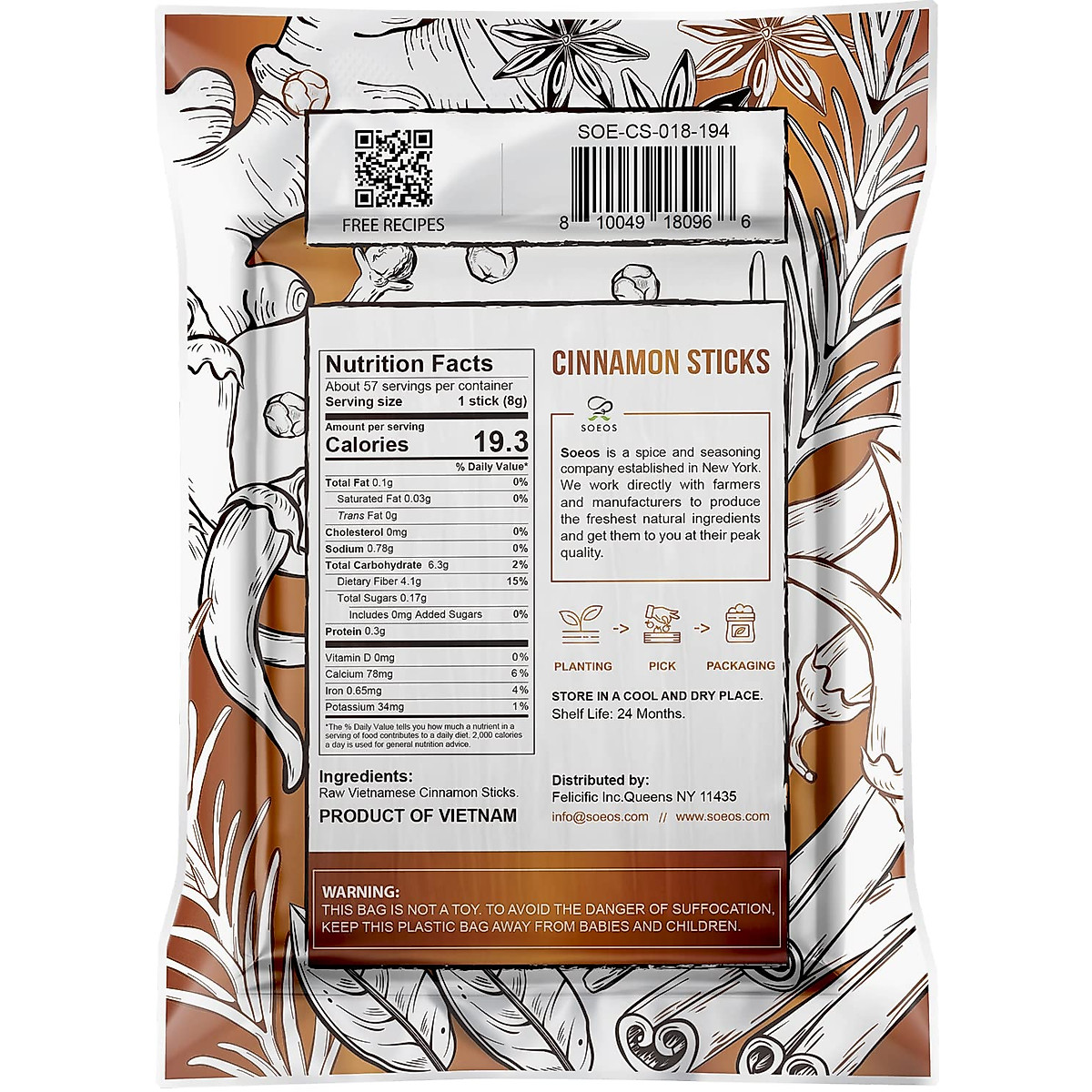 Soeos Cinnamon Sticks, 16 oz (Pack of 1), Cinnamon, Ground Cinnamon, Cinnamon Sticks, 100% Raw, Non-GMO, Kosher Certified, Cinnamon Seasoning Spice for Coffee, Baking, Cooking and Beverages