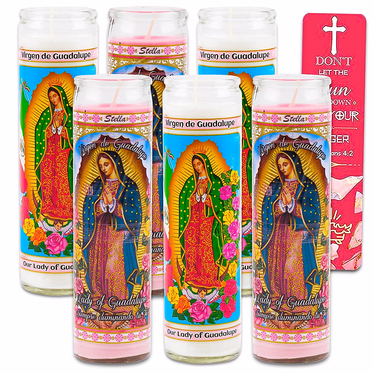Our Lady of Guadalupe Devotional Candle 6 Pack - Bundle with 6 Lady of Guadalupe Glass Prayer Candles for Vigils, Prayers, Blessing, Religious Ceremonies, Plus Bookmark | Unscented Religious Candles