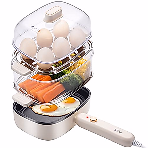 Bear Egg Cooker, Hard Boiled Egg Cooker with 12 Egg Capacity, Stainless Steel Egg Maker, 500W Rapid Egg Cooker for Hard Boiled, Poached, Scrambled Eggs, Omelets, Steamed Vegetables, Dumplings