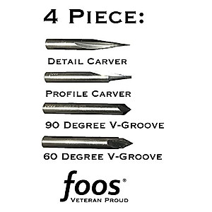 FOOS - Engraving CNC Wood Carving Router Bit Set - 4pcs - Solid Carbide - 1/4” Shanks - Veteran Owned = Profile + Carving Liner + 2 V Groove USA Veteran Owned