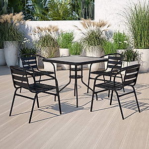 Flash Furniture 5-Piece Patio Dining Set with 31.5" Square Glass Metal Table and 4 Stackable Slat Back Chairs, Indoor/Outdoor Bistro Table and Chairs Set, Black