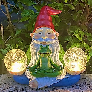 REYISO Solar Garden Sculptures & Statues,Outdoor Summer Gnomes Statues with Yoga Frog,Zen Solar Gnomes Decorations for Yard Lawn Patio Pathway, Funny Garden Decor Gnomes Statue Gifts