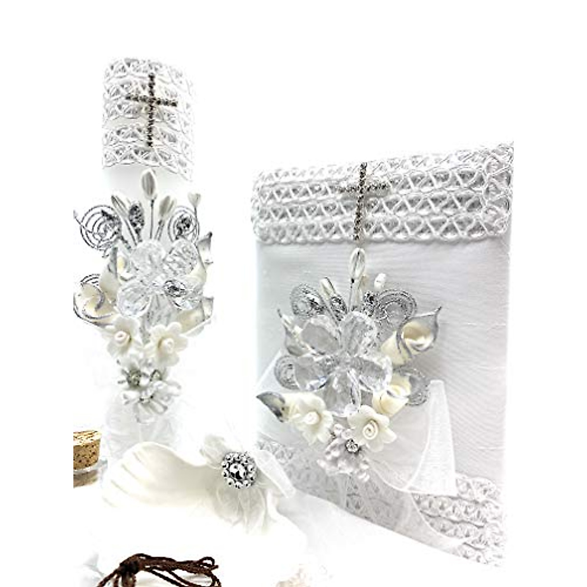 Baptism Candle Set with Flowers and Crystal Decoration