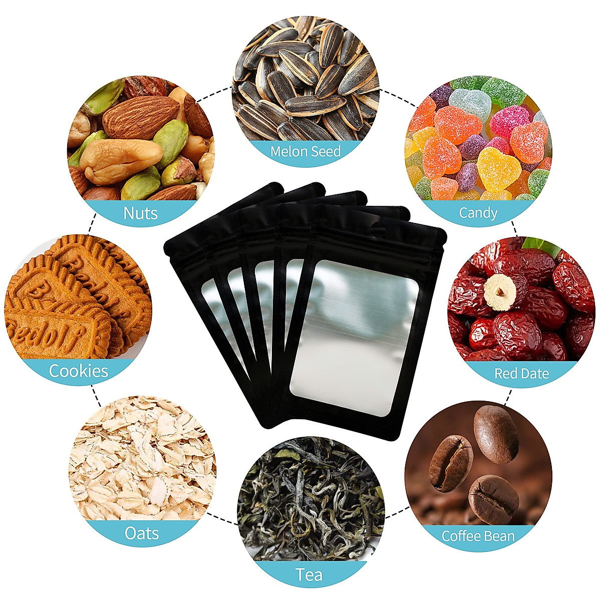 Funnyleaf 100 Pieces Black Resealable Mylar Holographic Bags Food Storage Smell Proof Bags with Front Window Packaging Pouch for Cookies Sample Jewelry Snack,2.36 * 3.94 inches