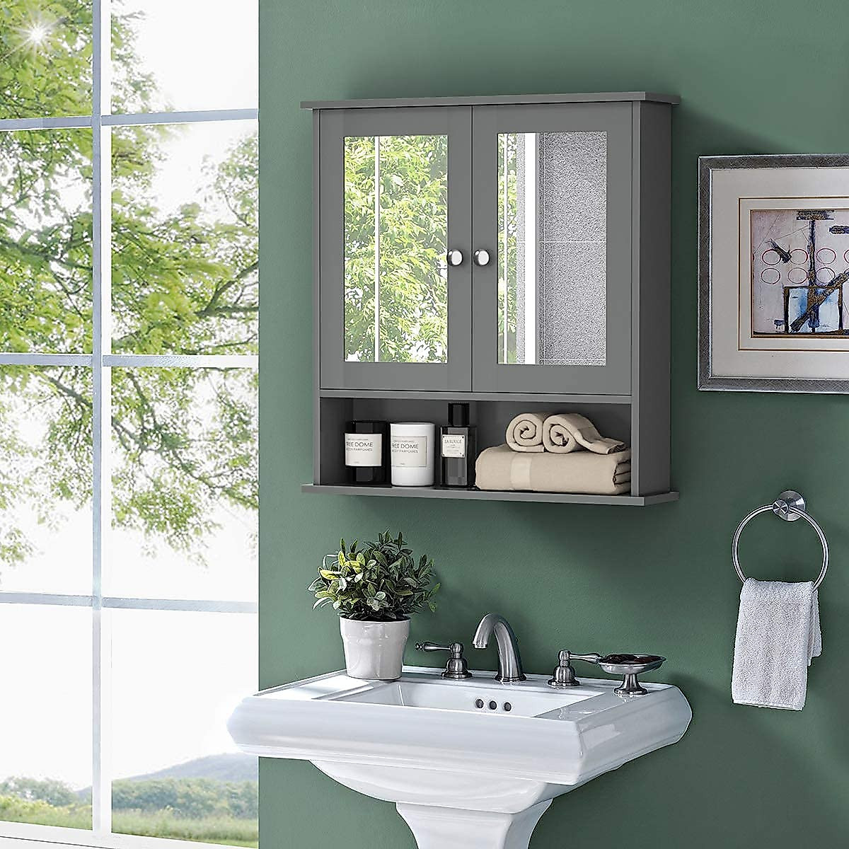 Salches Wall Mounted Bathroom 2 Mirrored Doors, Over-Toilet Hanging w/Shelves, Wooden Storage Organizer Medicine Cabinets, Grey