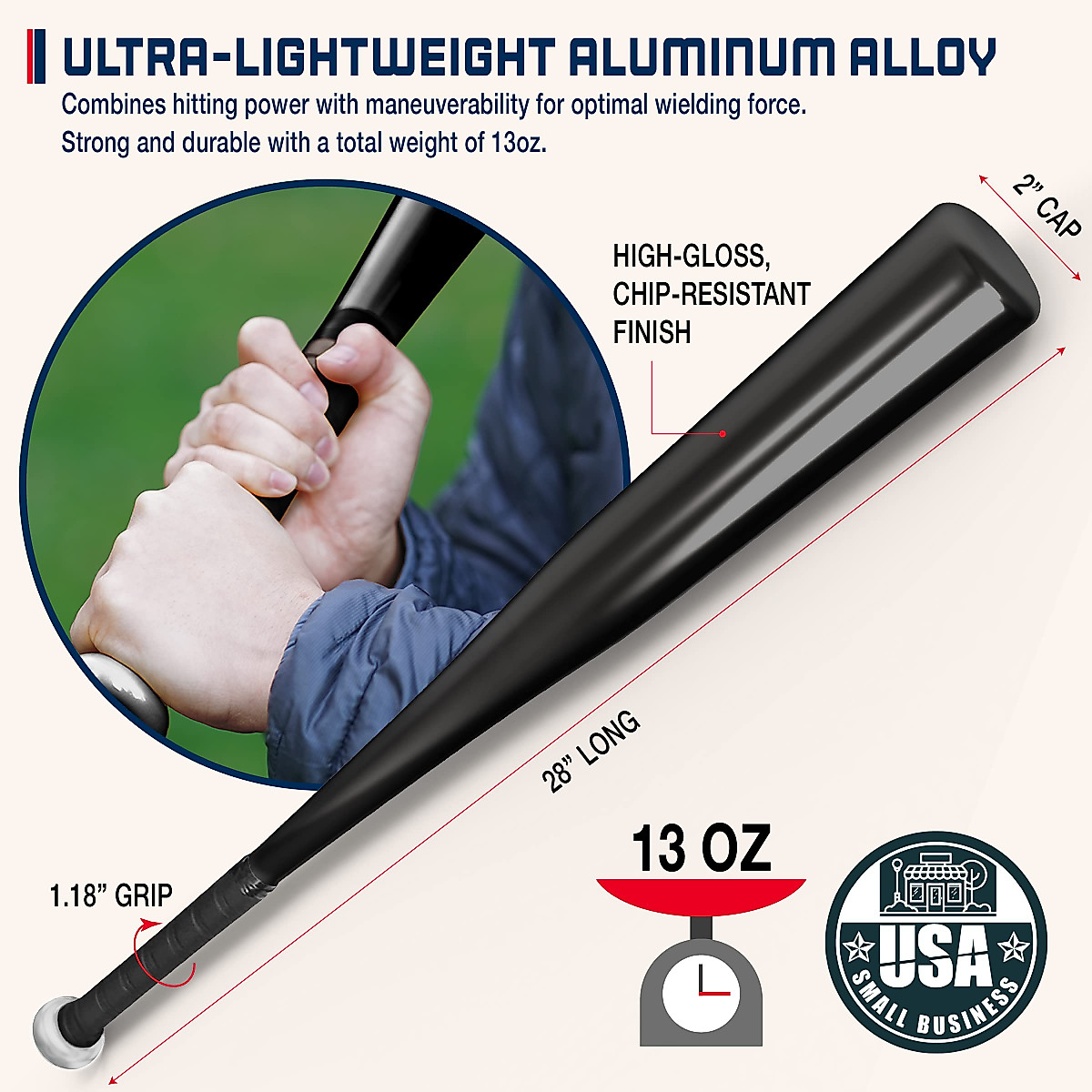 Aluminum Baseball Bat - 28 Inch 13 Oz - Ultra-Lightweight Fungo Bat for Softball, Home Defense, Training, Security, and Protection - KOTIONOK
