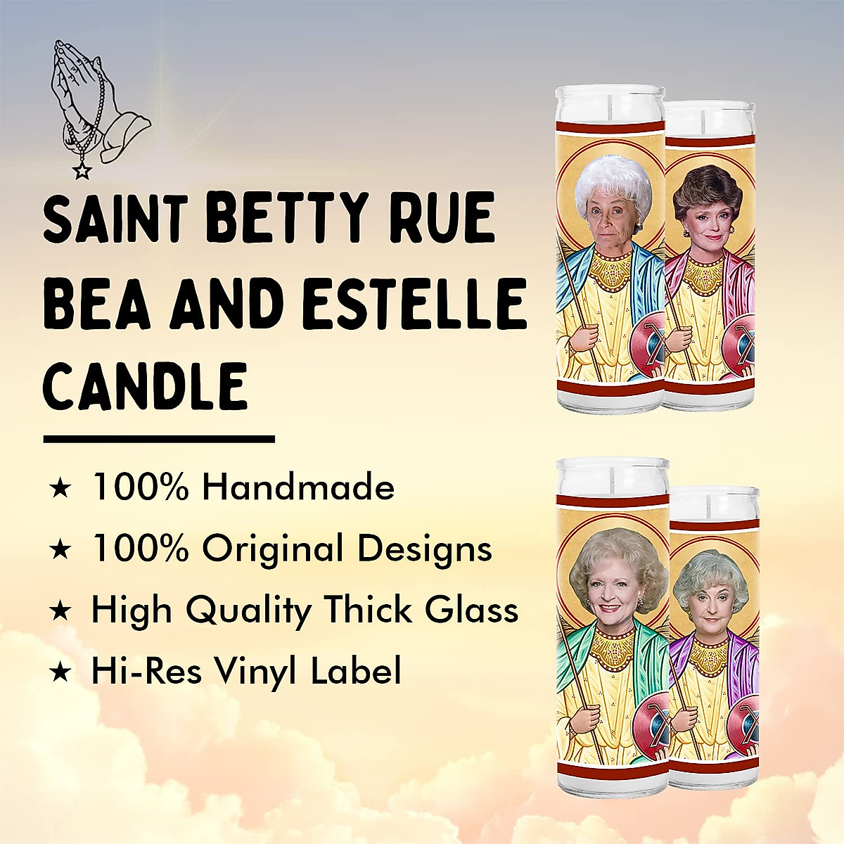 Golden Girls - Set of 4 - Blanche Rose Dorothy and Sophia - Celebrity Prayer Candles- Saint Candles - Betty Rue Bea & Estelle Votive Candle - Handmade USA - Celeb Comedy TV Show Gift.