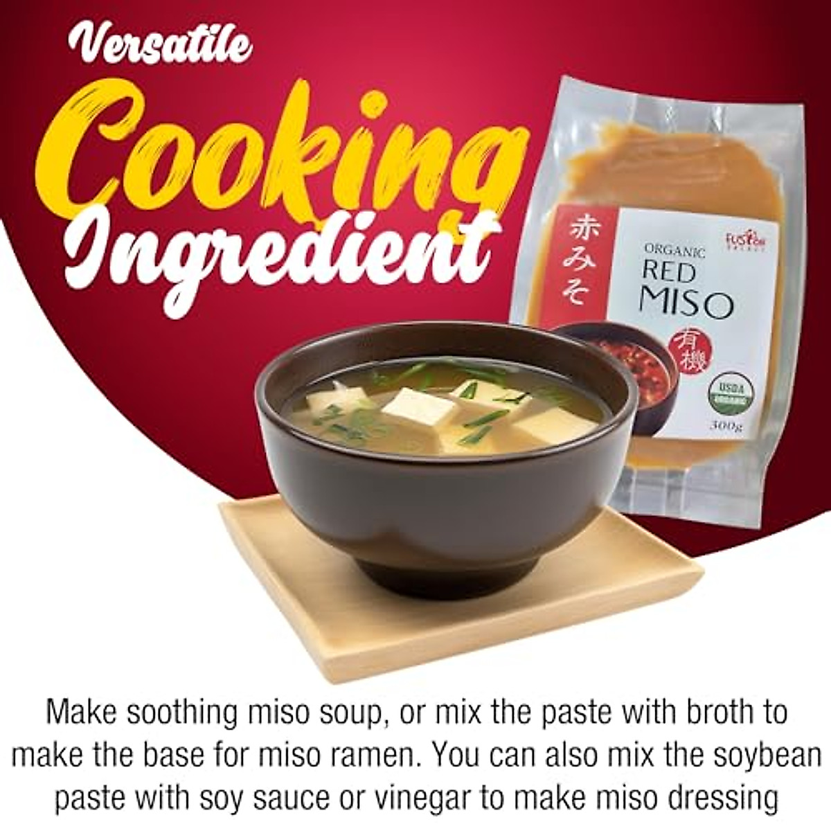 Fusion Select Organic Red Miso Paste - Made of Fermented Soy Bean & Rice - Savory Japanese Seasoning For Cooking Soup Base, Broth, Stew, Salad Dressing, Sauce, Marinade, Ramen - 15 Servings, 300g