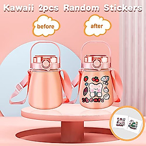 Stainless Steel Insulated Water Bottle,Big Belly Kawaii Leaf Proof 1000ml Cute Trave Cup with Straw,Shoulder Strap,Vacuum Thermos Jug with 2pcs Free Random Stickers for Kids,Adults Christmas Gifts.