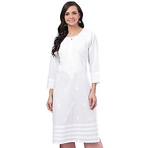 Ada Hand Embroidered Indian Chikankari Cotton Kurta Kurti Tunic for Women A149984 (White, Small)