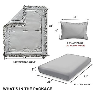 3 Pieces Crib Bedding Set Baby Ruffle Quilted Comforter with Fitted Sheet and Pillow - Cute Ruffled Shabby Chic Bedding Soft Blanket Design Gray