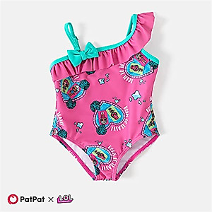 L.O.L. Surprise! Mommy and Me Swimsuit Allover Print One Shoulder Ruffled Family Matching One Piece Swimsuit rediance Baby Girl 6-9 Months Dark Pink