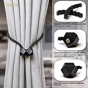 NazTur Magnetic Curtain Tiebacks- Upgrade 2022 with a Thicker Twist Rope & Strong Magnet Tieback Window Treatment Holdbacks Draperies Holders Decorative Drape Handmade Tie Back (Black, 4)