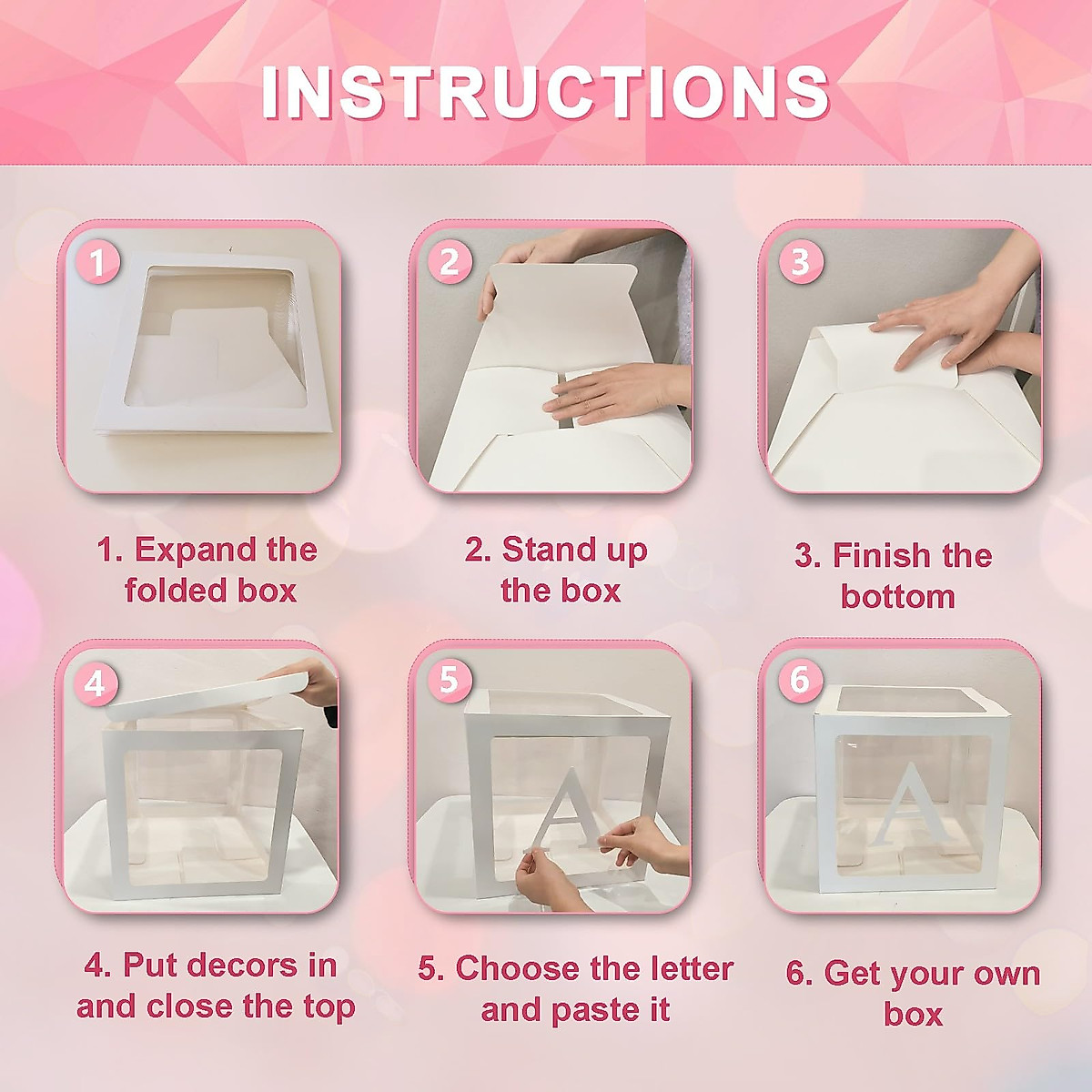 Ledido White Transparent Balloon Boxes With 78 Letters, 13.2" Big Name Boxes for Baby Shower Clear Baby Boxes for Gender Reveal, Birthday Wedding, Graduation Prom Party Decorations -6 PCS