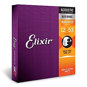 Elixir Strings, Acoustic Guitar Strings, 80/20 Bronze with NANOWEB Coating, Longest-Lasting Bright and Focused Tone with Comfortable Feel, 6 String Set, Light 12-53