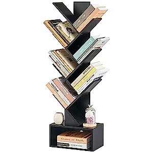 Hoctieon 6 Tier Tree Bookshelf, 6 Shelf Bookcase with Drawer, Free Standing Tree Bookcase, Display Floor Standing Shelf for Books, Book Organizer Shelves for Home Office, Black