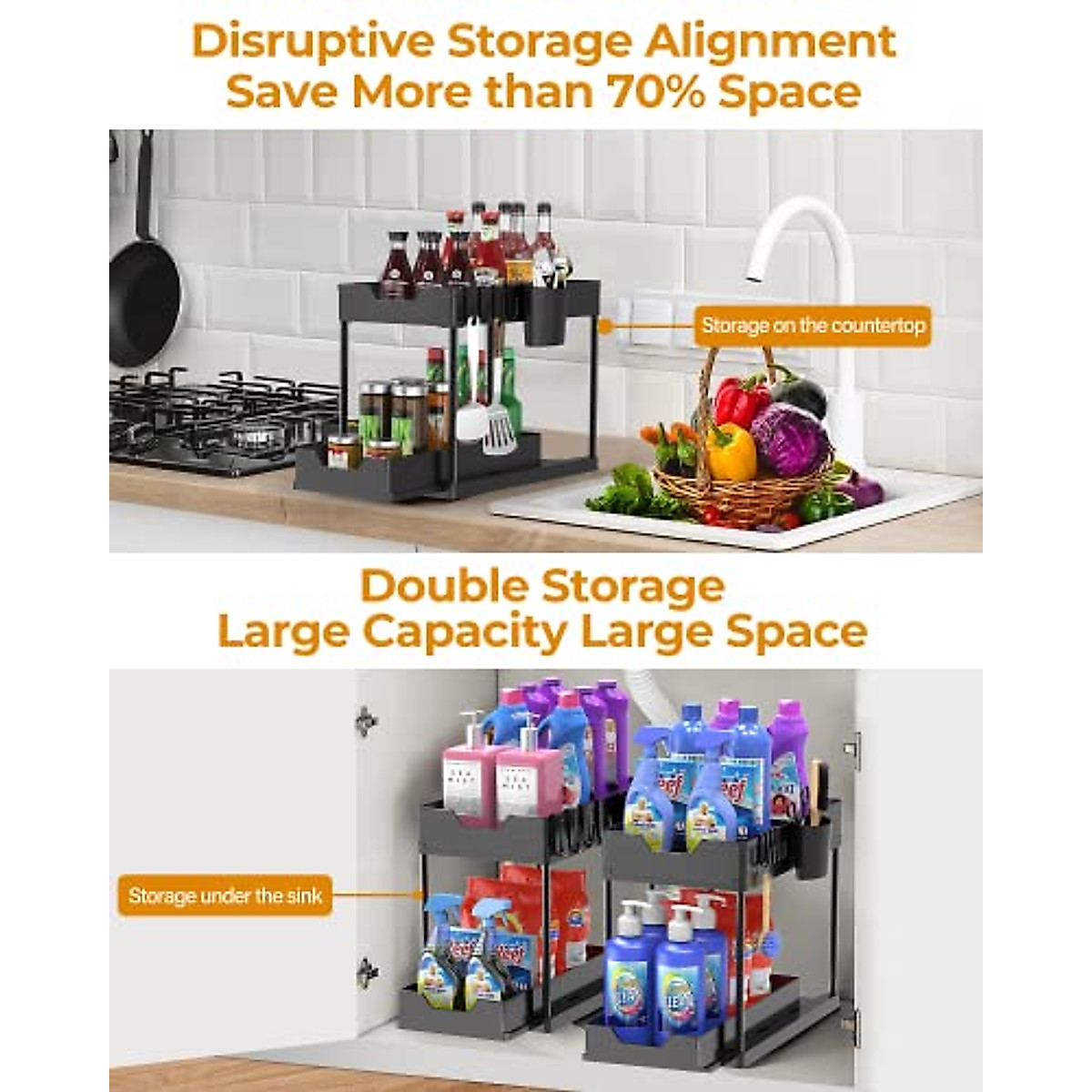 Under Sink Organizers and Storage Bathroom Organizer, 2 Tier Under Sliding Kicthen Cabinet Basket Organizer with Hooks, Hanging Cup, Dividers, Handles, Multi-purpose Under Sink Shelf Organizer, Black