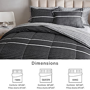 Flysheep 3 Pcs Boho Striped Comforter Set Twin Size for Kids, White Striped on Black Dark Grey Soft Microfiber Reversible Bedding Set for All Season