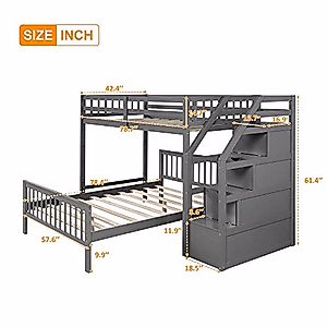 Harper & Bright Designs Twin Over Full Loft Beds, Bunk Beds Twin Over Full with Stairway and Storage, Full-Length Guardrail, No Box Spring Needed (Grey Twin Over Full Bun Beds)